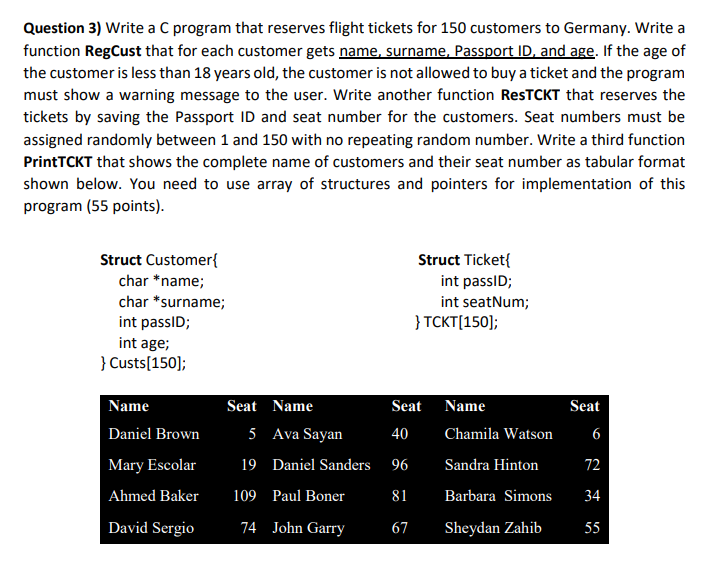 Solved Question 3) Write a C program that reserves flight | Chegg.com