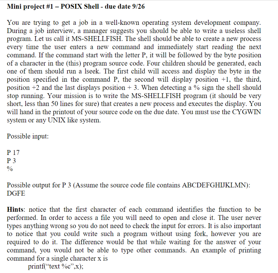 Mini project #1 - POSIX Shell - due date 9/26 You are | Chegg.com