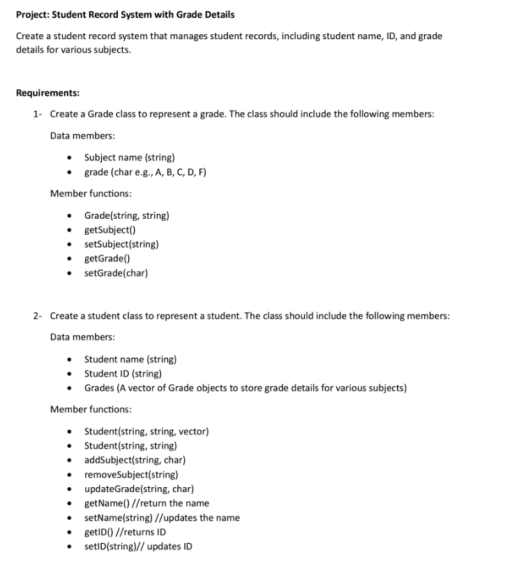 Solved Project: Student Record System with Grade Details | Chegg.com