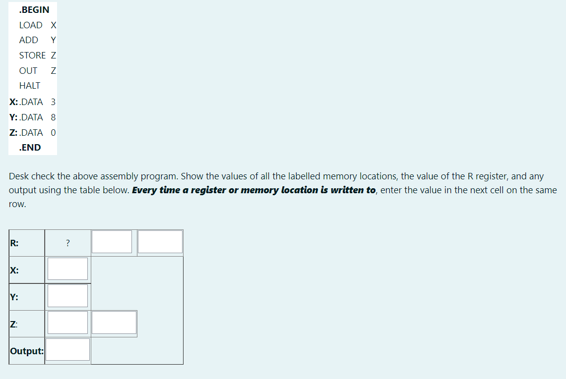 Solved Desk check the above assembly program. Show the | Chegg.com