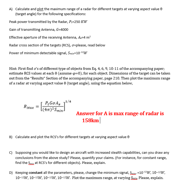 A) Calculate and plot the maximum range of a radar | Chegg.com