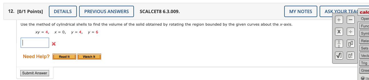 Solved SCALCET8 6.3.009. Use the method of cylindrical | Chegg.com