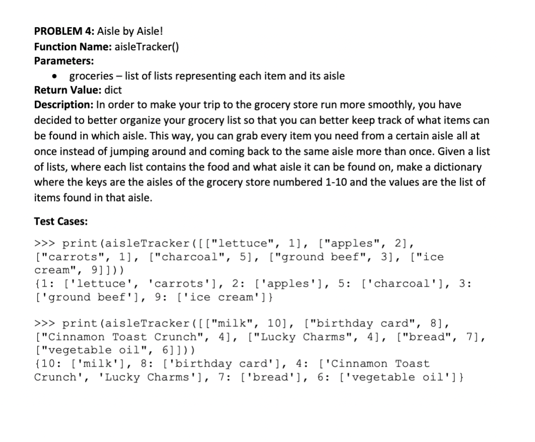 Solved PROBLEM 4: Aisle by Aisle! Function Name: | Chegg.com