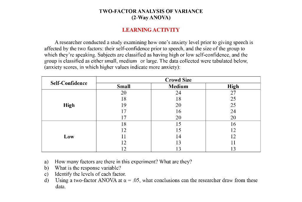 Solved TWO-FACTOR ANALYSIS OF VARIANCE (2-Way ANOVA) | Chegg.com