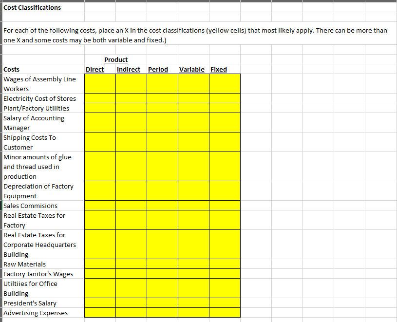 Solved For each of the following costs, place an X in the | Chegg.com