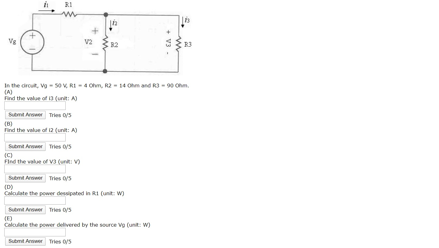 Solved R1 1% V2 3 R2 + V3 - In the circuit, Vg = 50 V, R1 = | Chegg.com