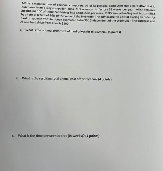 Solved MBI is a manufacturer of personal computers. All of | Chegg.com