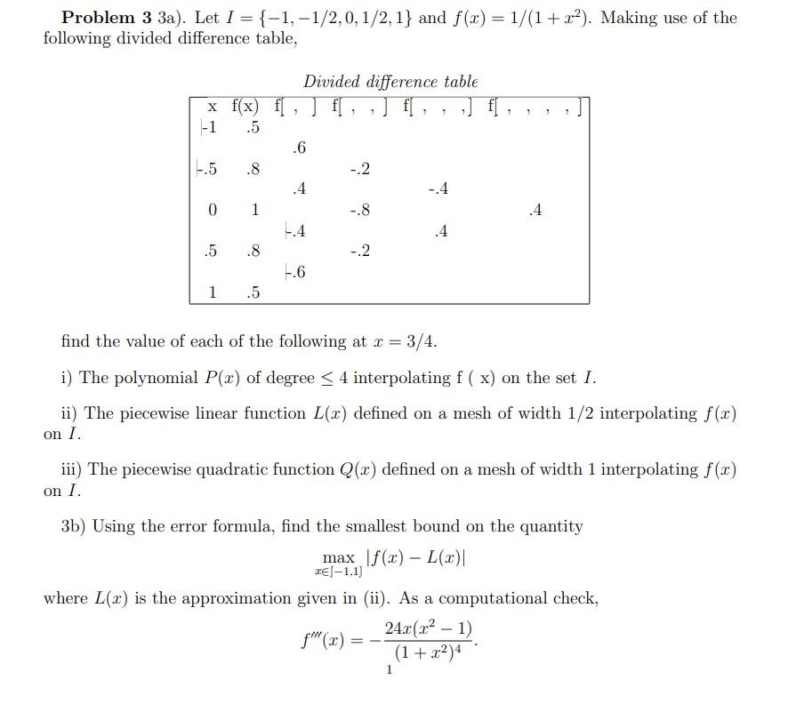 Solved Problem 3 3a). Let I = {-1, -1/2,0,1/2, 1} and f(x) = | Chegg.com