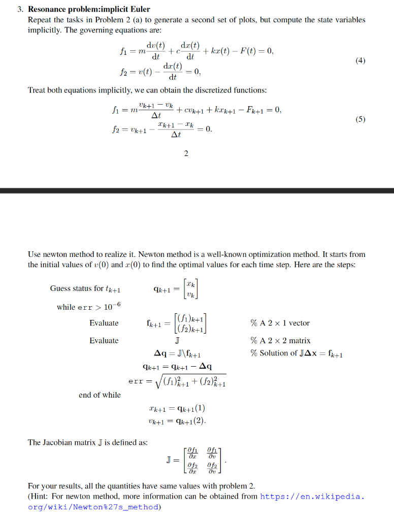 Solved 3. Resonance problem:implicit Euler Repeat the tasks | Chegg.com