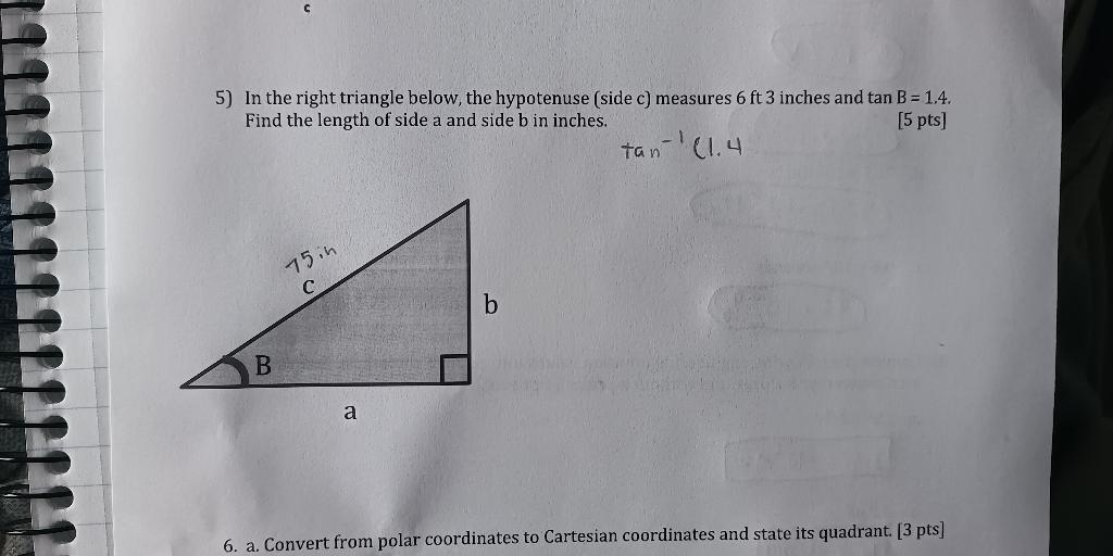 Solved 5) In the right triangle below, the hypotenuse (side | Chegg.com