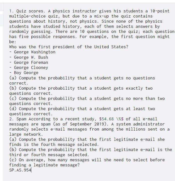 Solved 1. Quiz scores. A physics instructor gives his | Chegg.com