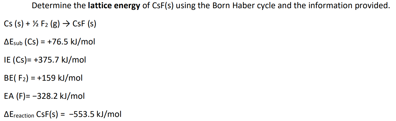 Solved Determine the lattice energy of CsF(s) using the Born | Chegg.com