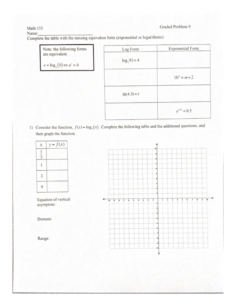 Solved Math 111 Graded Problem 9 Name: Complete the table | Chegg.com