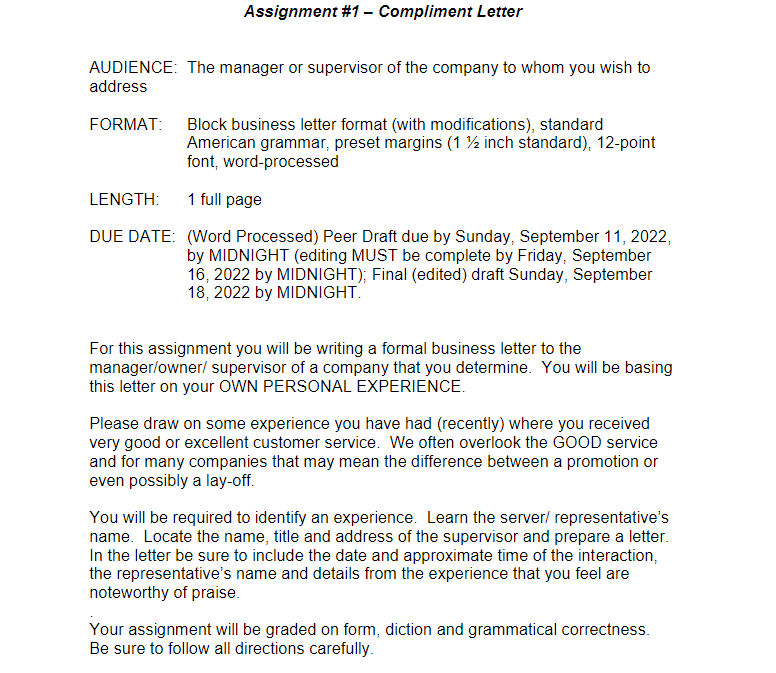 Assignment #1-Compliment Letter AUDIENCE: The manager | Chegg.com