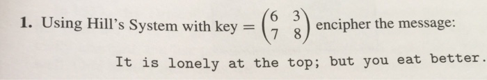 Solved I. Using Hill's System with key=(7 s) encipher the | Chegg.com