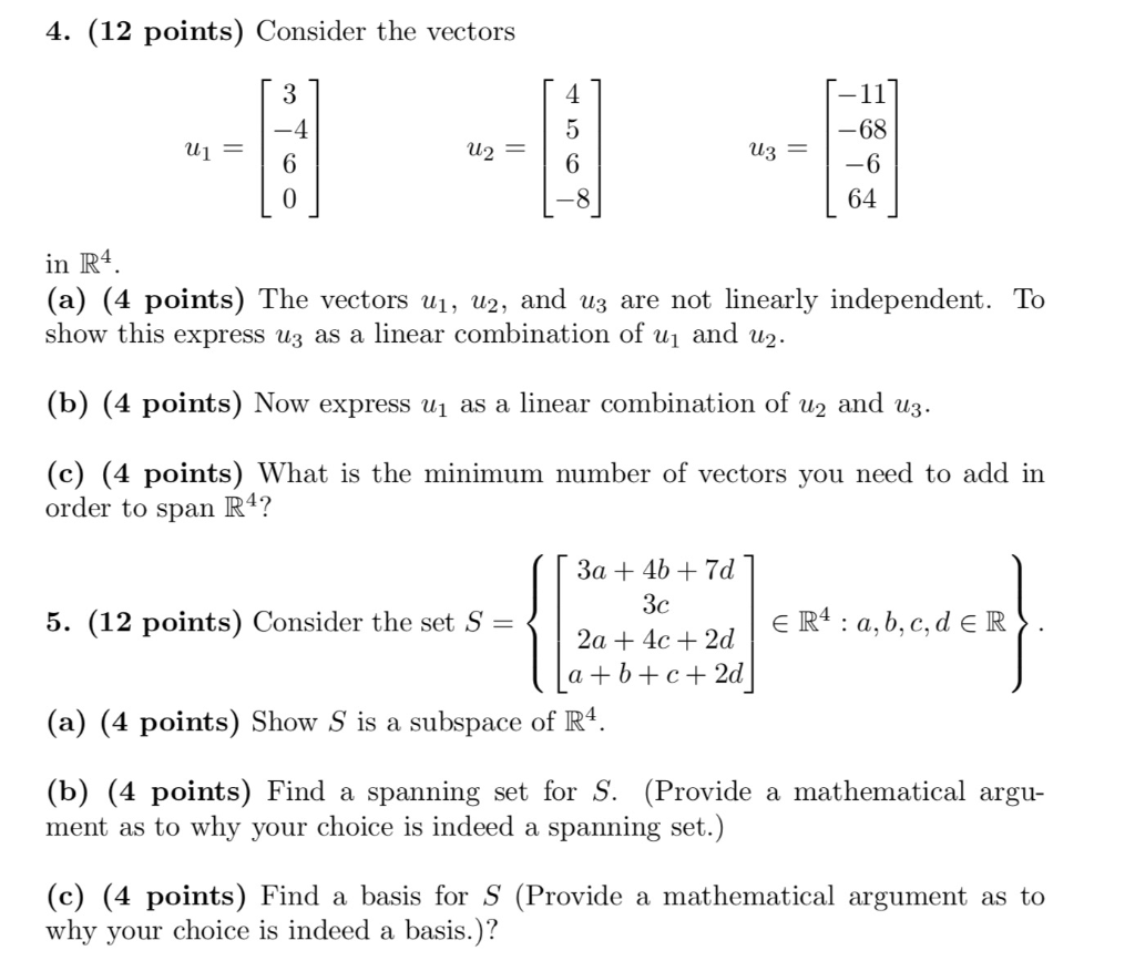 Solved 4. (12 points) Consider the vectors 4 3 -4 U] = U2 = | Chegg.com