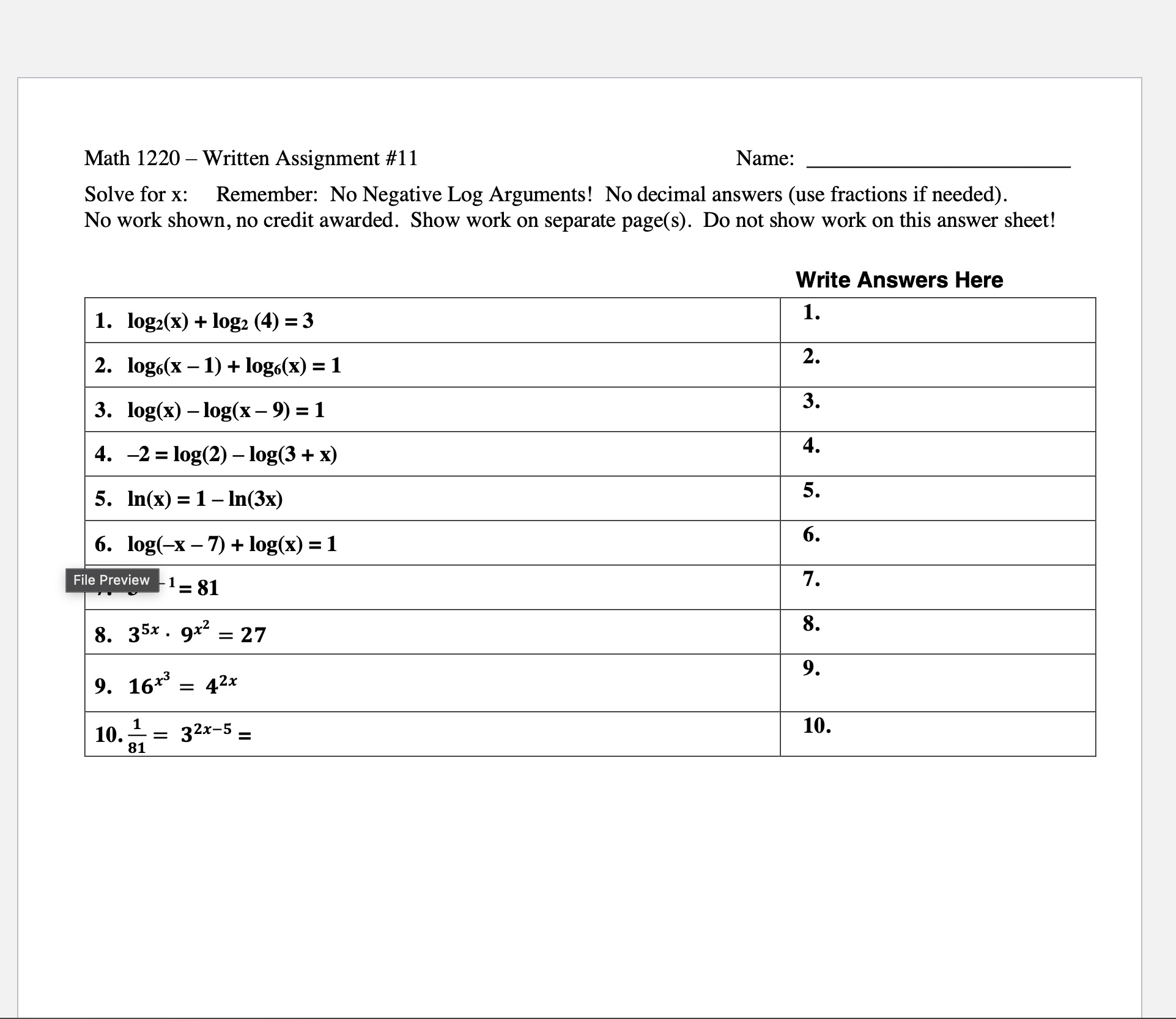 Solved Math 1220 - Written Assignment \#11 Name: Solve for x | Chegg.com