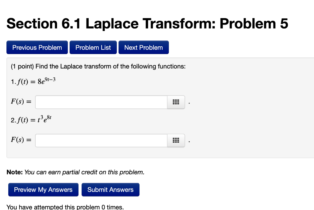 Solved Section 6.1 Laplace Transform: Problem 5 Previous | Chegg.com