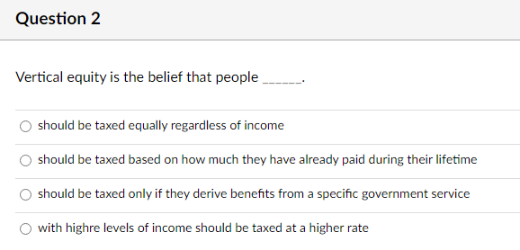 Solved Question 2 Vertical equity is the belief that people | Chegg.com