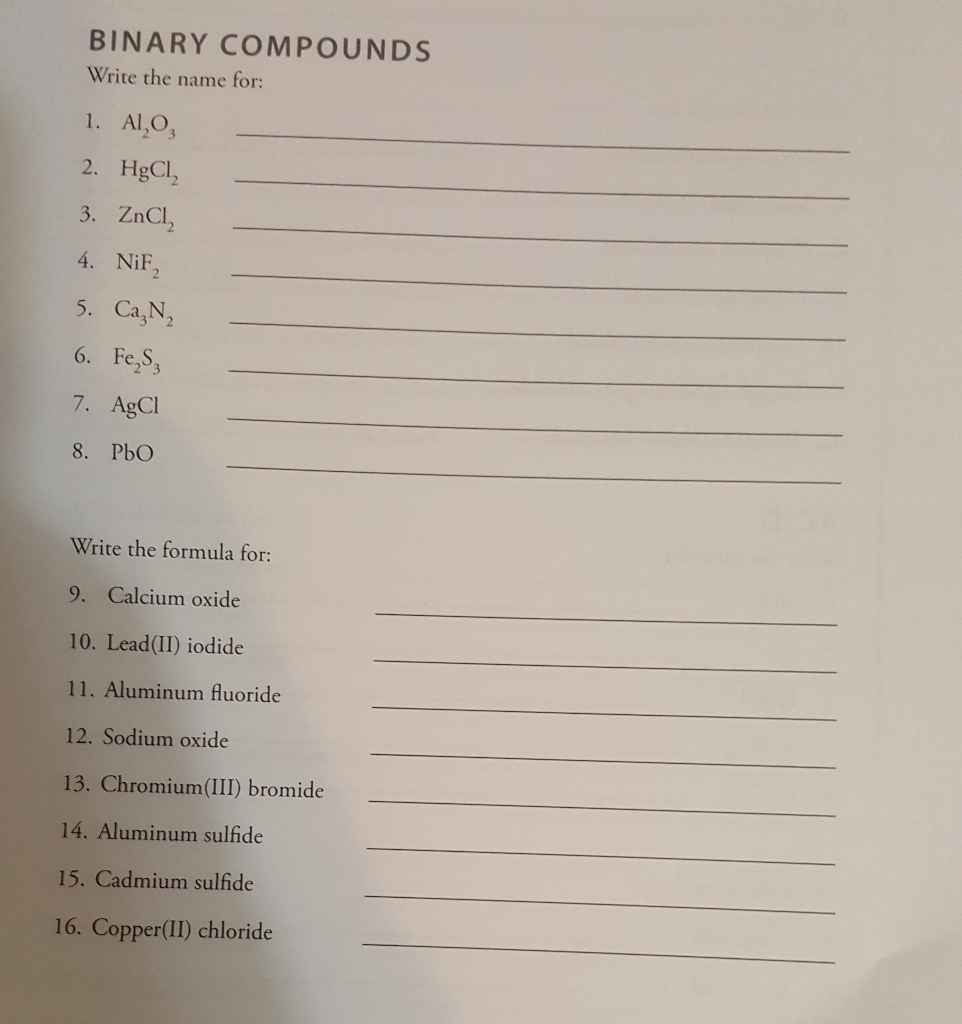 Solved BINARY COMPOUNDS Write the name for: 1. Al,O, 2. HgCl | Chegg.com