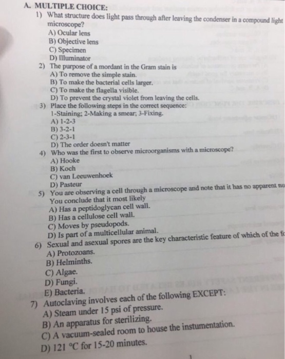 Solved A. MULTIPLE CHOICE 1) What structure does light pass | Chegg.com