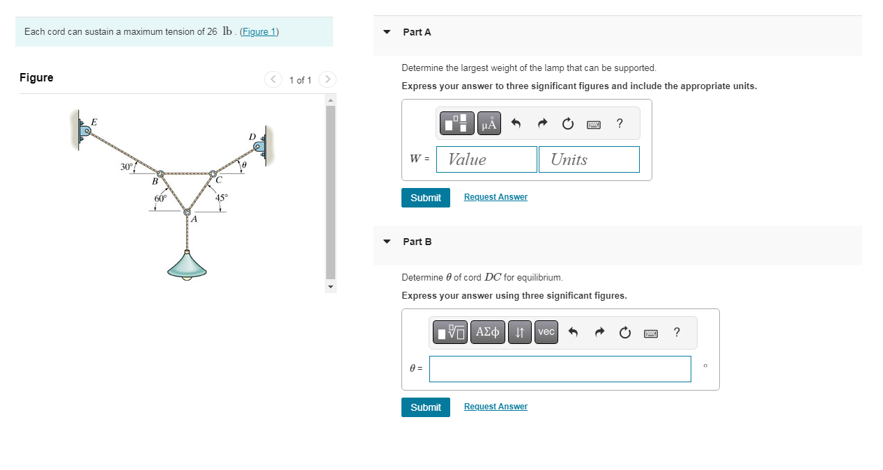 Solved Each cord can sustain a maximum tension of 26lb. Part | Chegg.com