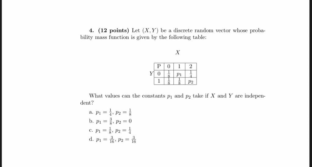 Solved 4. (12 points) Let (X,Y) be a discrete random vector | Chegg.com