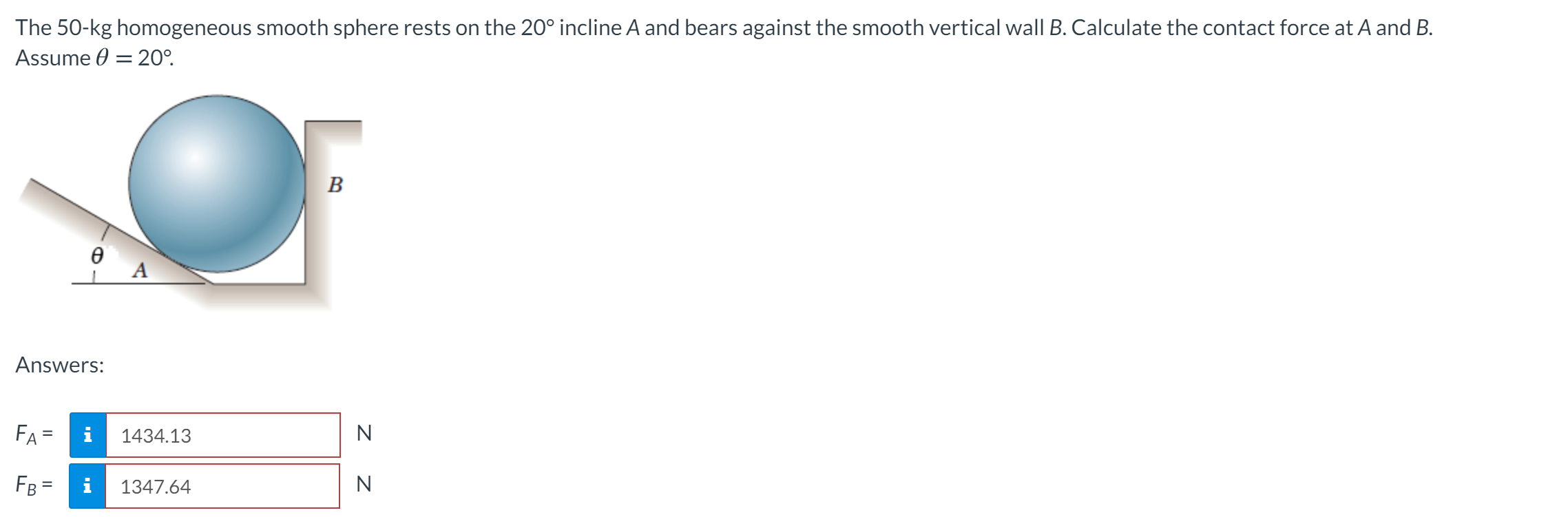 Solved The 50-kg homogeneous smooth sphere rests on the 20° | Chegg.com