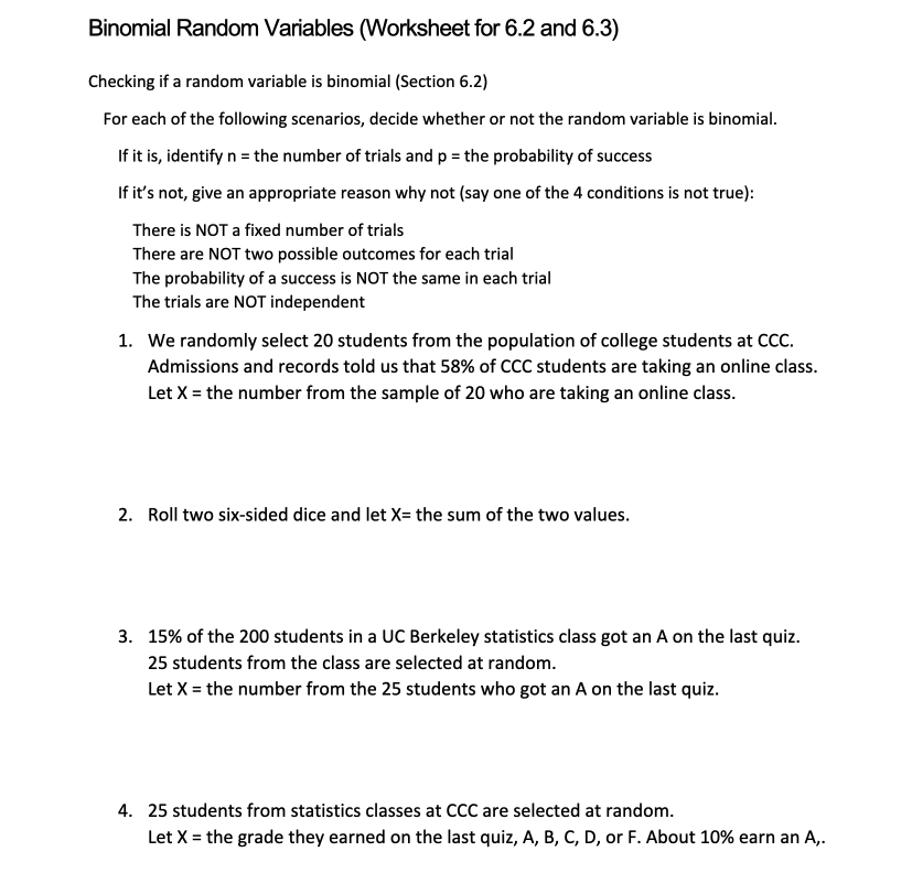 Solved Binomial Random Variables Worksheet For 6 2 And 6 3