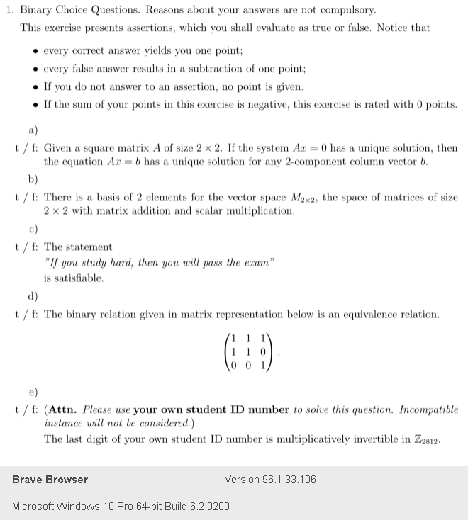 Solved 1. Binary Choice Questions. Reasons about your | Chegg.com
