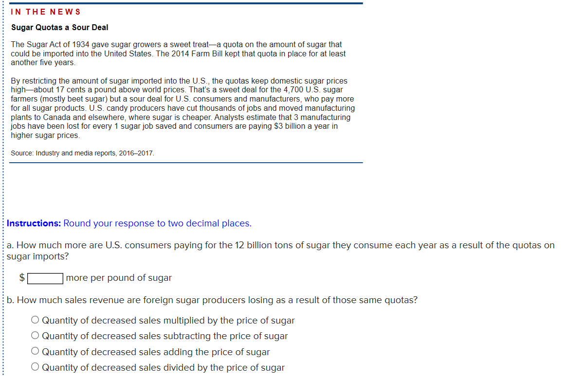 Solved IN THE NEWS Sugar Quotas a Sour Deal The Sugar Act of | Chegg.com