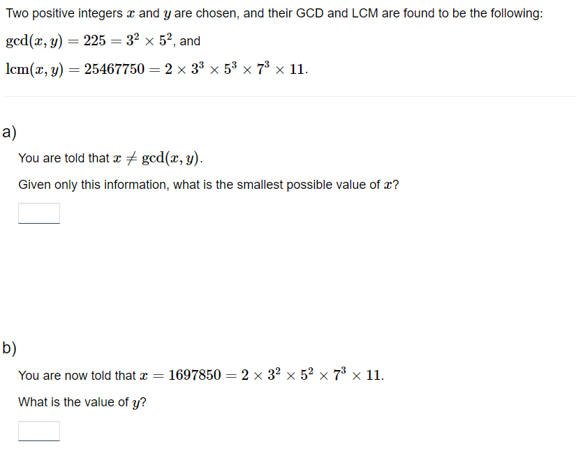 Solved Two positive integers x and y are chosen, and their | Chegg.com