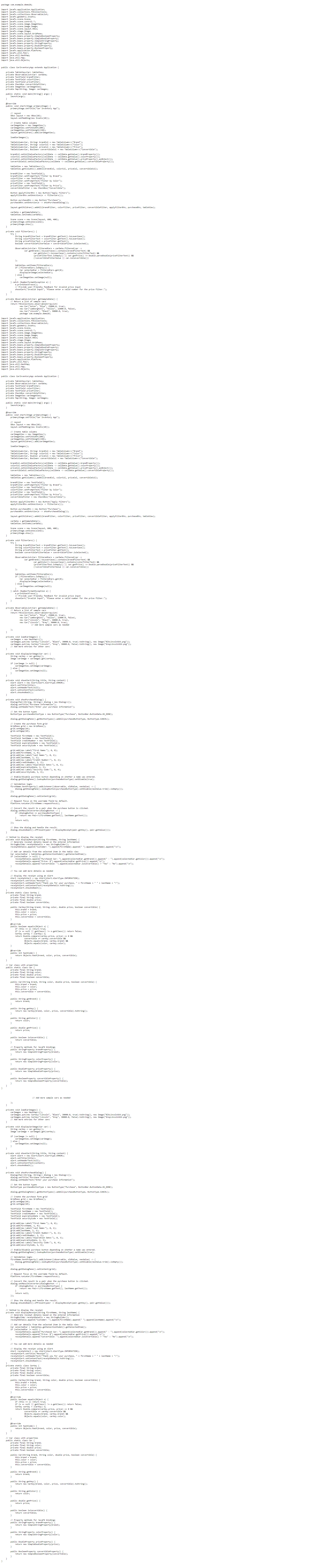 Solved I trying to create a CarInventoryApp in JavaFX that | Chegg.com