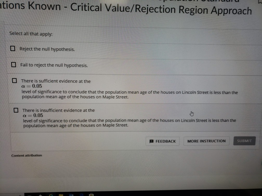 Solved ions Known - Critical Value/Rejection Region Approach | Chegg.com