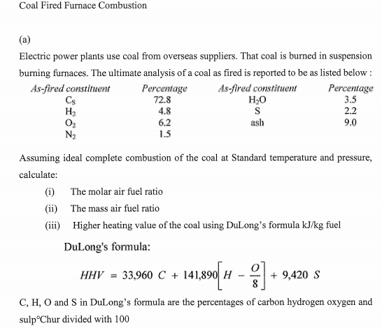 Solved Coal Fired Furnace Combustion (a) Electric power | Chegg.com