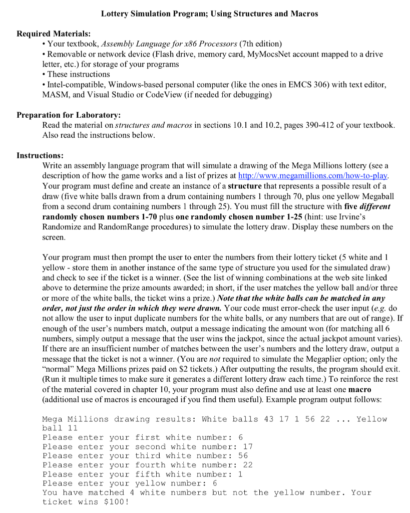 Lottery Simulation Program; Using Structures and | Chegg.com