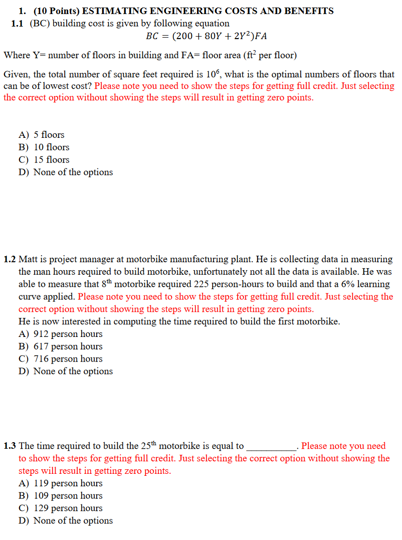 Solved 1. (10 Points) ESTIMATING ENGINEERING COSTS AND | Chegg.com