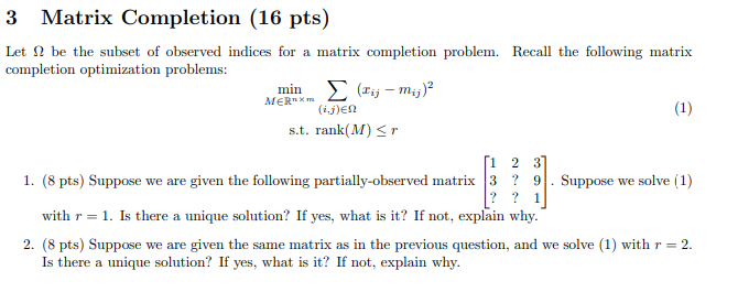 Let Ω be the subset of observed indices for a matrix | Chegg.com