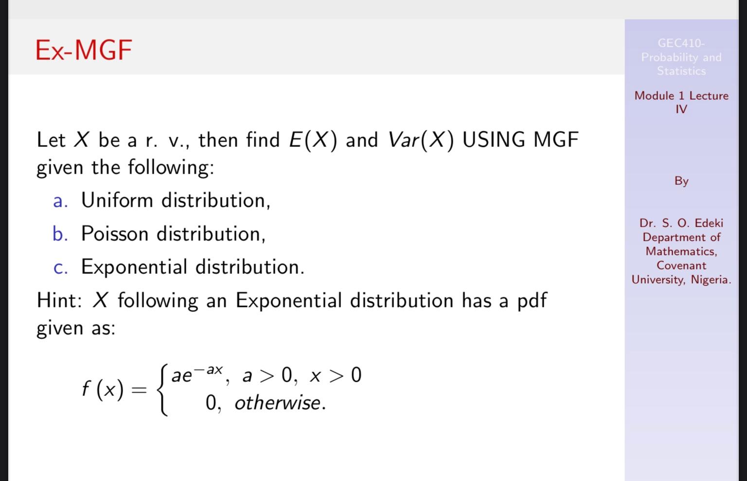 Solved Let X be a r. v., then find E(X) and Var(X) USING MGF | Chegg.com