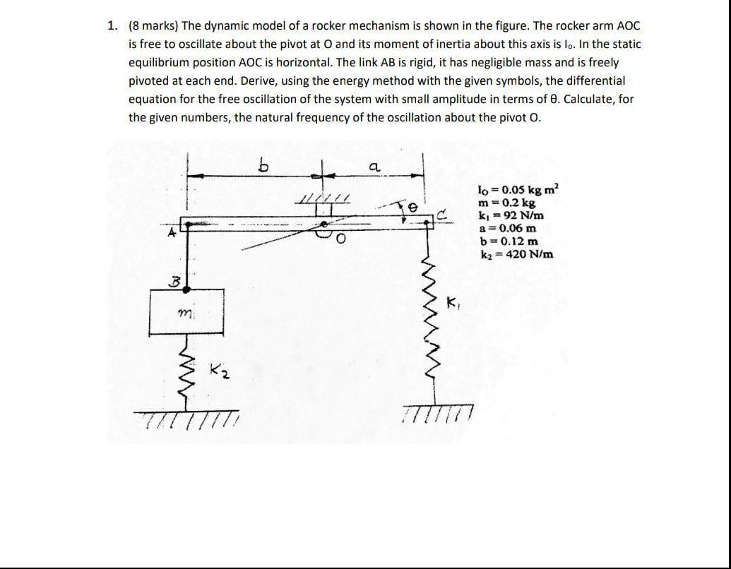 Solved 1. (8 marks) The dynamic model of a rocker mechanism | Chegg.com