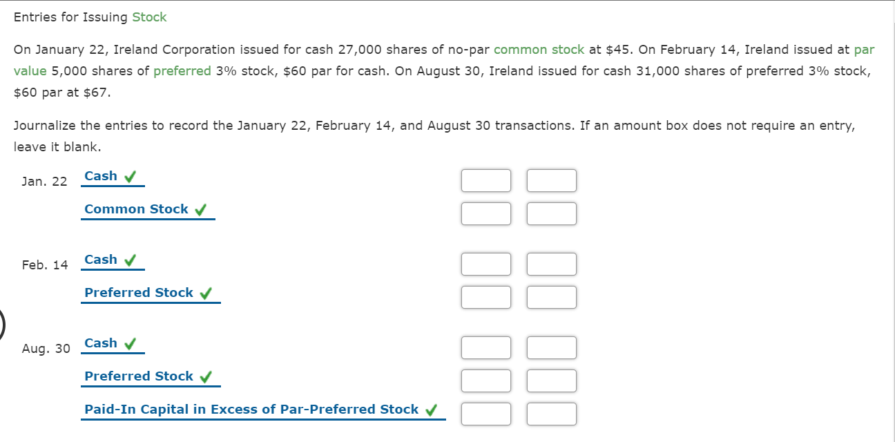 Solved Entries for Issuing Stock On January 22, Ireland | Chegg.com