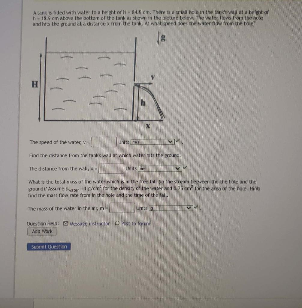 Solved A tank is filled with water to a height of H = 84.5 | Chegg.com