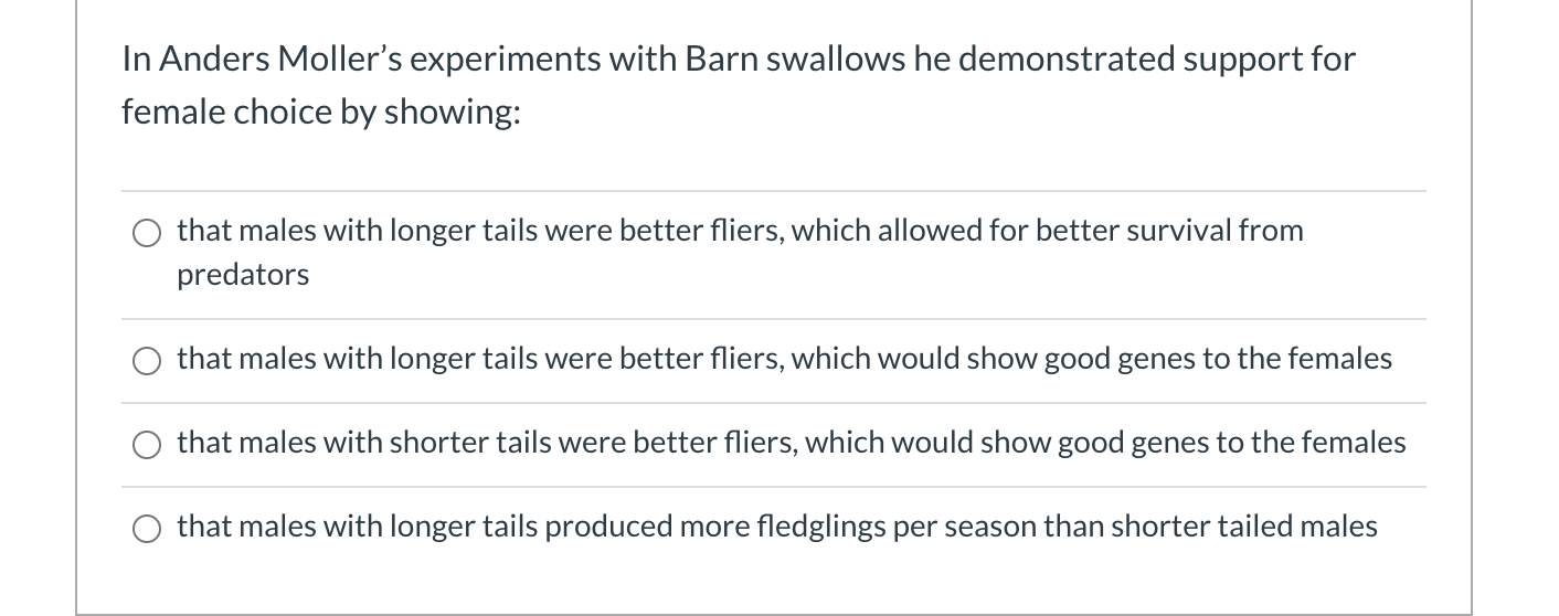 Solved In Anders Moller's experiments with Barn swallows he | Chegg.com