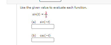 Solved Use the given value to evaluate each function. sin(t) | Chegg.com