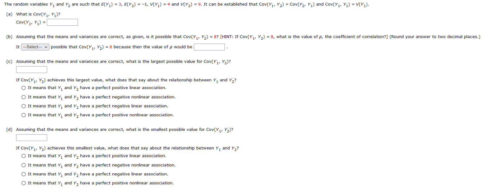 Solved The random variables Y 1 and Y2 are such that E(Y) = | Chegg.com