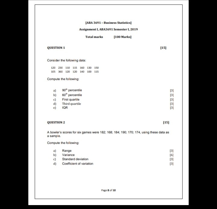 Solved ABA 3691- Business Statistics] Assignment I, ABA3691 | Chegg.com