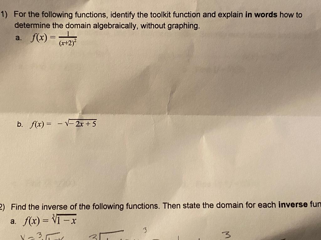 Solved 1) For the following functions, identify the toolkit | Chegg.com