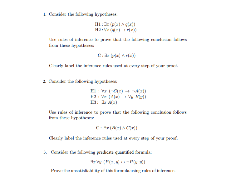 Solved 1. Consider the following hypotheses: H1 : ∃x | Chegg.com