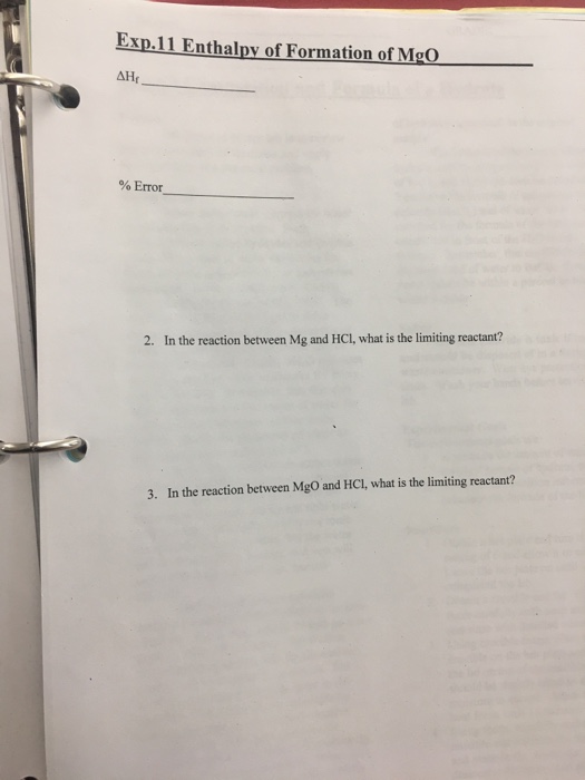 Solved Exp.11 Enthalpy of Formation of MgO PRELAB QUESTIONS | Chegg.com