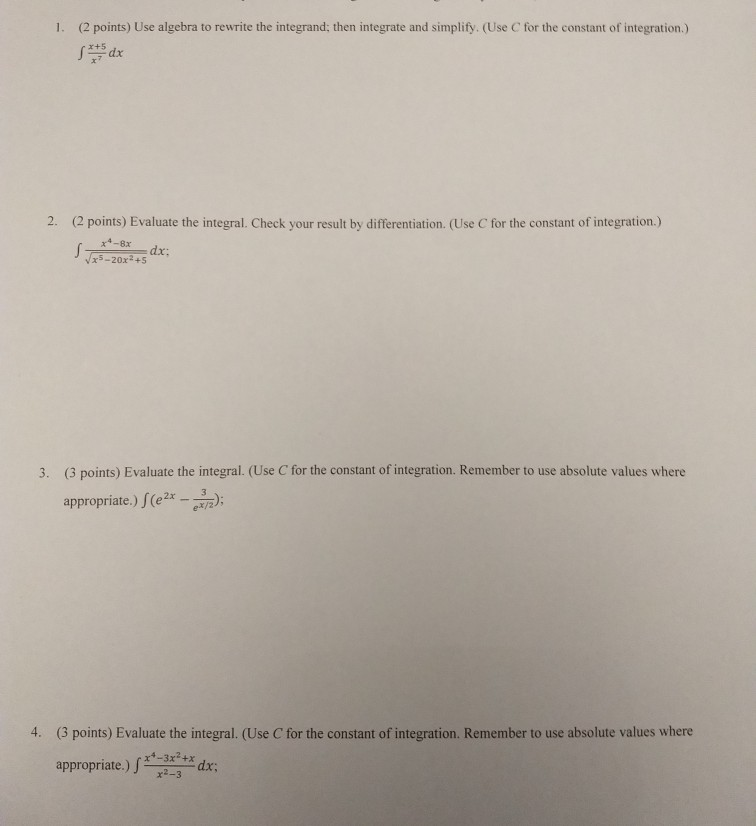 Solved 1. (2 points) Use algebra to rewrite the integrand; | Chegg.com